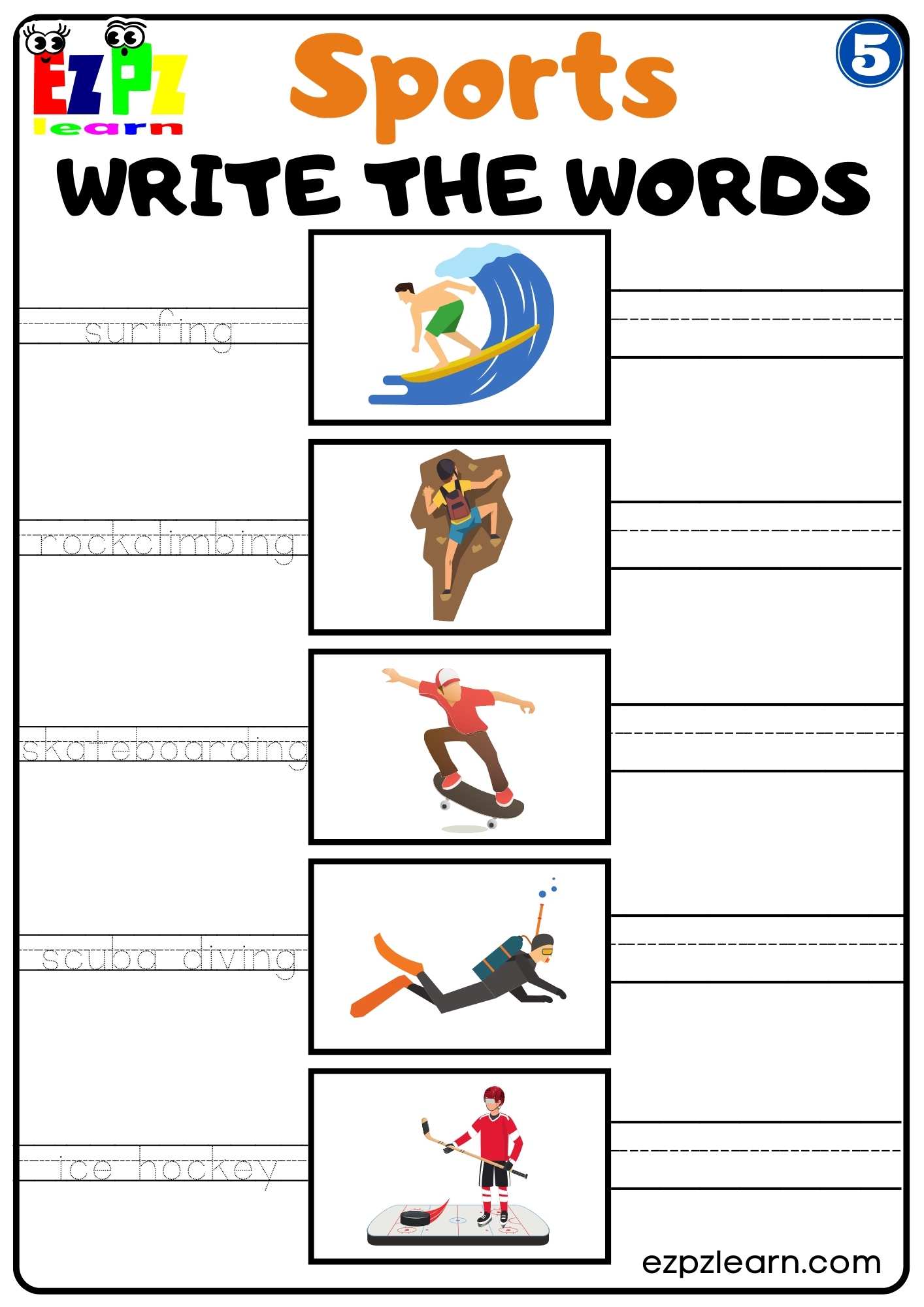 Group 5 Sports Write the Words Worksheet for ESL and K5 Students PDF Download - Ezpzlearn.com